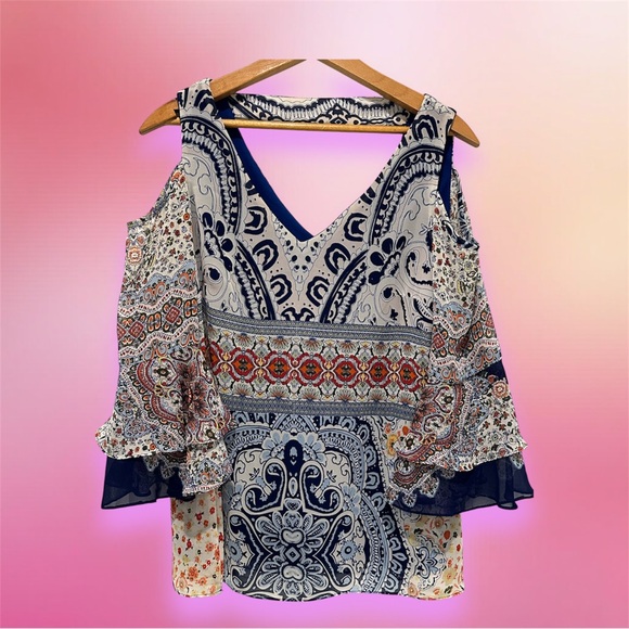 Coco Bianco | Tops | Bohemian Lined Paisley Cold Shoulder Top Navy And ...